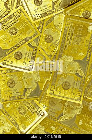 Surreal pop art style heap of purple colored United States dollar bills ...