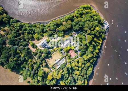 Top Down over Greenway, Dittisham and River Dart from a drone, Devon ...