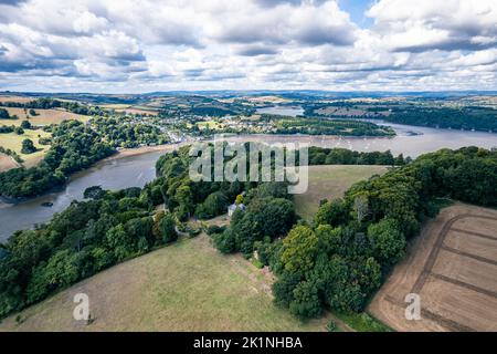 Top Down over Greenway, Dittisham and River Dart from a drone, Devon ...