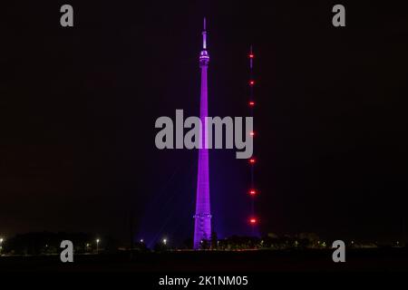 Emley Moor Transmitting Tower is lit up purple as a tribute to HRH ...