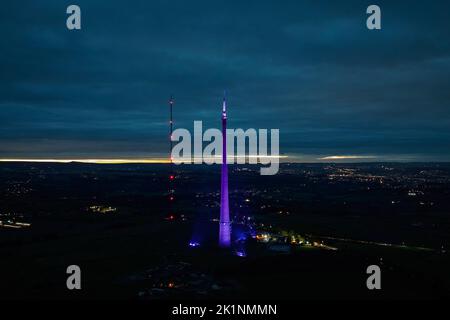 Emley Moor Transmitting Tower is lit up purple as a tribute to HRH ...