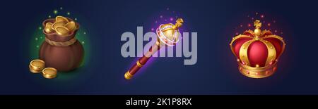Game golden coins, scepter and royal crown props icons. Medieval money ...