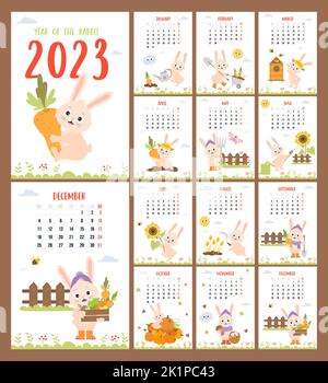 Calendar 2023 with cute rabbit farmer with rake, fence and butterfly ...