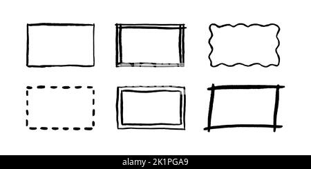 Free hand drawn rectangle frames set. Doodle rectangular shape. Scribble pencil square text box ...