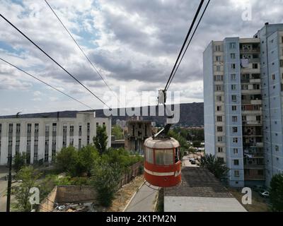 A closeup of an abandoned cable car at Samgori metro station in Tbilisi ...