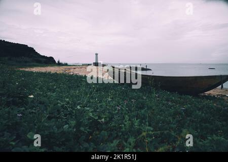 Boat and Petunia on beach Stock Photo - Alamy