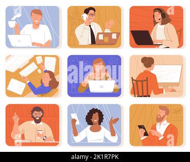 Flat cartoon office employee characters set,workflow scenes vector ...