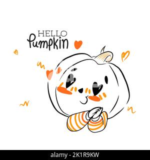 Hello pumpkin, handwritten quotes, cute illustration with funny pumpkin ...