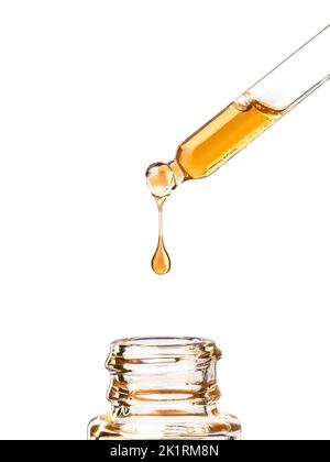 Yellow liquid dripping from pipette into petri dish closeup. Study of ...