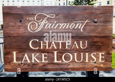 Fairmont Chateau Lake Louise sign in front of hotel at Lake Louise ...