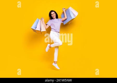 Photo of sweet funky woman wear green shirt telling you announcement ...