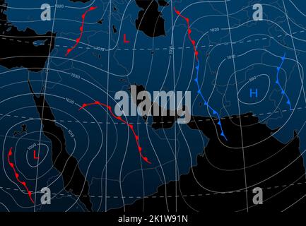 Forecast weather isobar night map of USA. Meteorology diagram with wind front and temperature ...