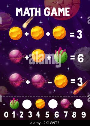 Math game worksheet, cartoon fantastic magic trees and plants, vector ...