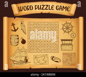 Vector pirate word search puzzle for kids. Simple treasure island word ...