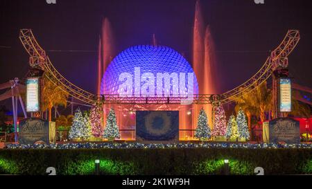 The Spaceship Earth dome illuminated at night at Epcot Center, Orlando ...