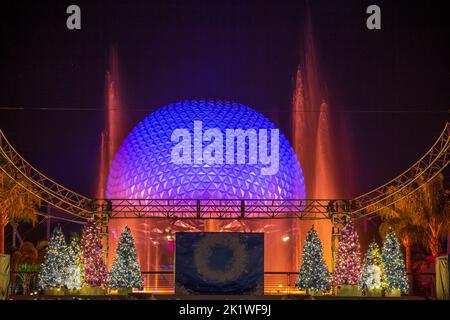 The Spaceship Earth dome illuminated at night at Epcot Center, Orlando ...