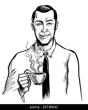 Man with a cup of coffee. Ink black and white drawing Stock Photo - Alamy