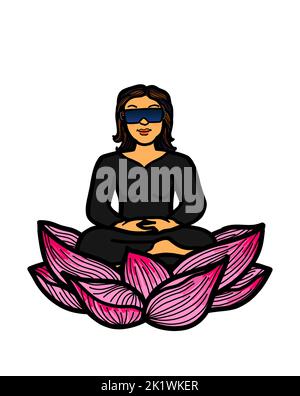 Woman in VR glasses in meditation pose connected with cables to ...