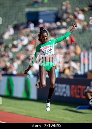 Evelise Veiga participating in the long jump at the European Athletics ...