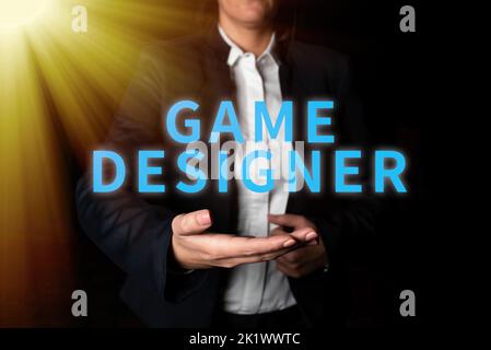 Text sign showing Game Designer. Business photo showcasing Campaigner Pixel Scripting ...