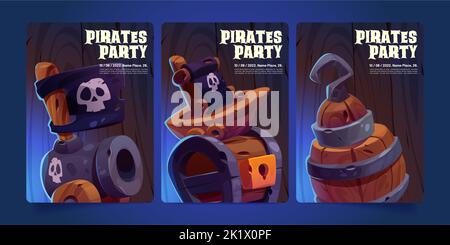 Pirate party posters, invitation flyers with old wooden treasure chest ...