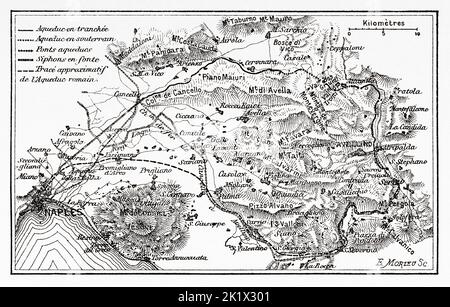 General map of the Serino aqueduct in Naples, Italy. Old 19th century ...