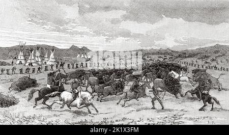 Bison massacre by American Indians, USA. Old 19th century engraved ...