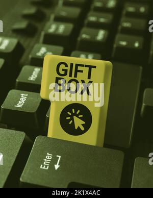 Text caption presenting Gift Box. Conceptual photo A small cointainer ...