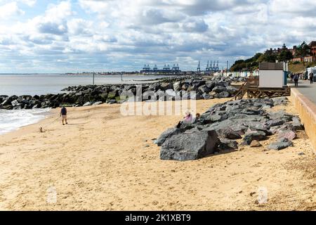 Rock armour beach groynes along coastline at Felixstowe, Suffolk ...