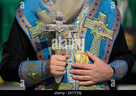 Russian Orthodox Bishop Ignatii blesses the Soyuz rocket, Tuesday, Sept ...