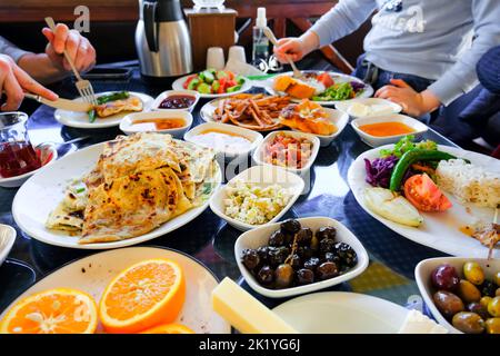 Traditional Turkish breakfast. Plates with various appetizers Stock ...