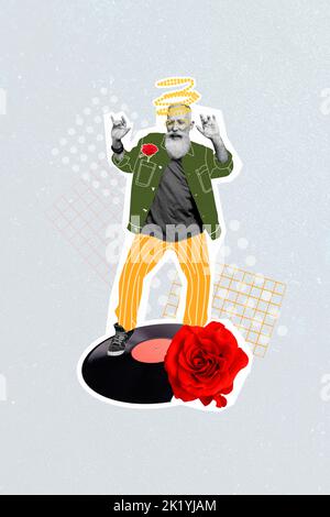 Vertical collage image of excited cheerful girl use netbook jump portal ...