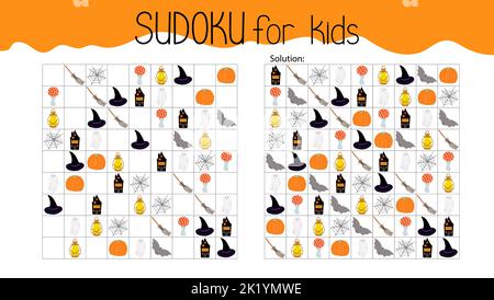 Sudoku game worksheet, cartoon Halloween candy characters on cemetery ...