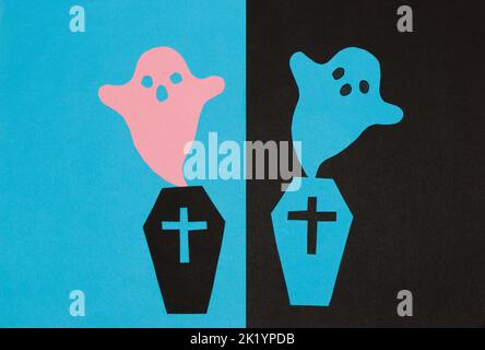 Halloween flat lay. Black ghosts and spiders on orange background ...