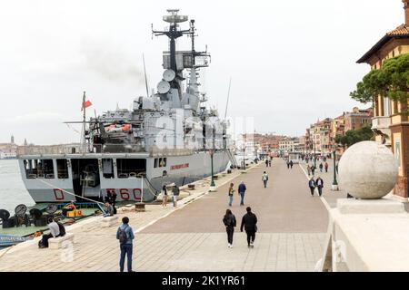 VENICE, ITALY May 4, 2022. The missile destroyer of the Italian Navy ...
