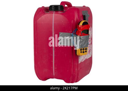 Red jug IED bomb with cell phone fuse isolated on white background ...