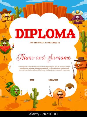 Kids diploma, Wild West cartoon vitamin A, B and E cowboy, bandit and ...