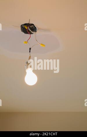 Incandescent lighttbulb dangling from ceiling plasterboard being ...