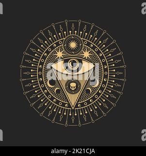 Esoteric and occult Pentagram with human skull, crescent moon and stars ...