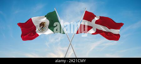 Denmark and Mexico flags waving together on blue cloudy sky, two ...