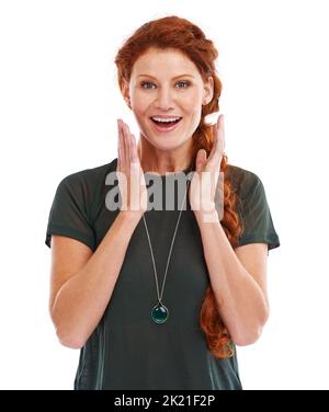 Portrait of happy excited woman with ginger curly hair, open mouth ...