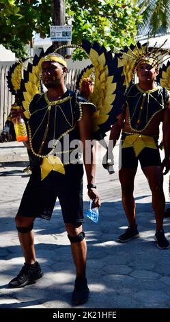 Belizeans wearing shiny, black and yellow, winged costumes in the San ...