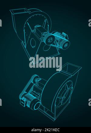 Stylized vector illustrations of blueprints of centrifuge air blower ...