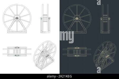 Stylized vector illustration of blueprints of drum lifter with barrel ...