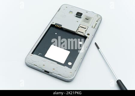 The situation of repairing a cell phone using a screwdriver tool Stock ...