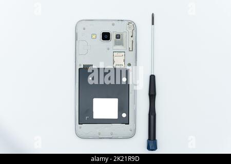 The situation of repairing a cell phone using a screwdriver tool Stock ...