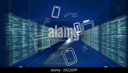Images of arrows with icons over data processing on dark background ...