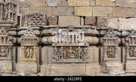 Carved sculptures on the Harshad Mata temple platform, Abhaneri, Dausa ...