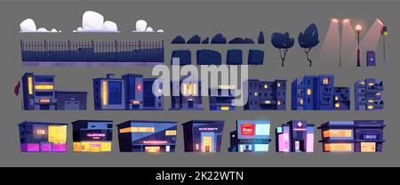 Ghetto landscape at night vector illustration, cartoon flat neighborhood cityscape with slum ...
