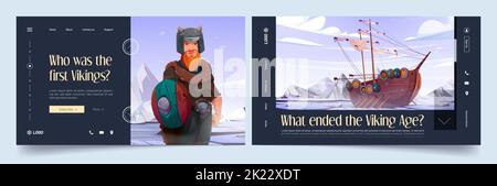 Vikings history landing page templates set. Cartoon vector illustration ...